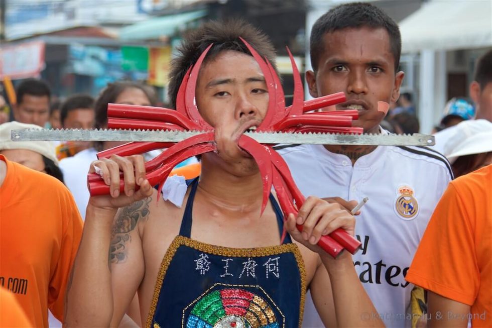 Extreme body piercing at the Phuket Vegetarian Festival in Thailand
