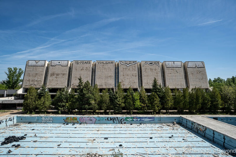 Abandoned Swimming Complex Red Banner in Sofia, Bulgaria